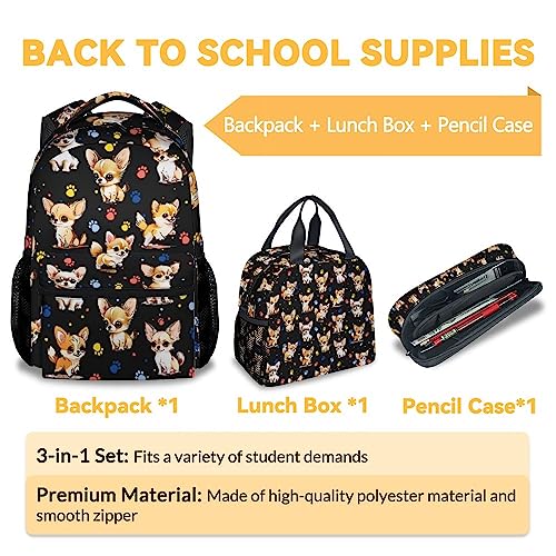 NICEFORNICE Chihuahua Dog Kids Backpack with Lunch Box, Set of 3 School Backpacks Matching Combo, Cute Black Bookbag and Pencil Case Bundle