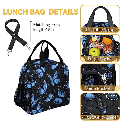 Butterfly Backpack with Lunch Box and Pencil Case Set, 3 in 1 Matching for Girls Blue Backpacks Combo, Aesthetic Bookbag and Pencil Case Bundle