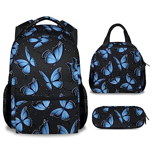 Butterfly Backpack with Lunch Box and Pencil Case Set, 3 in 1 Matching for Girls Blue Backpacks Combo, Aesthetic Bookbag and Pencil Case Bundle