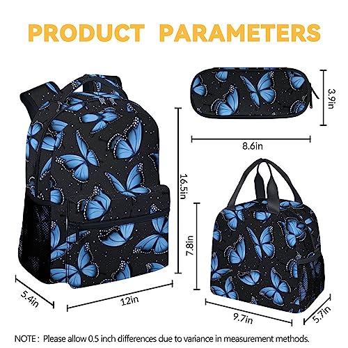 Butterfly Backpack with Lunch Box and Pencil Case Set, 3 in 1 Matching for Girls Blue Backpacks Combo, Aesthetic Bookbag and Pencil Case Bundle