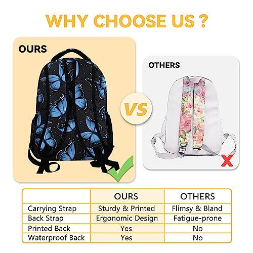 Butterfly Backpack with Lunch Box and Pencil Case Set, 3 in 1 Matching for Girls Blue Backpacks Combo, Aesthetic Bookbag and Pencil Case Bundle