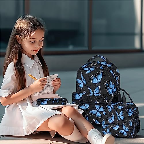 Butterfly Backpack with Lunch Box and Pencil Case Set, 3 in 1 Matching for Girls Blue Backpacks Combo, Aesthetic Bookbag and Pencil Case Bundle