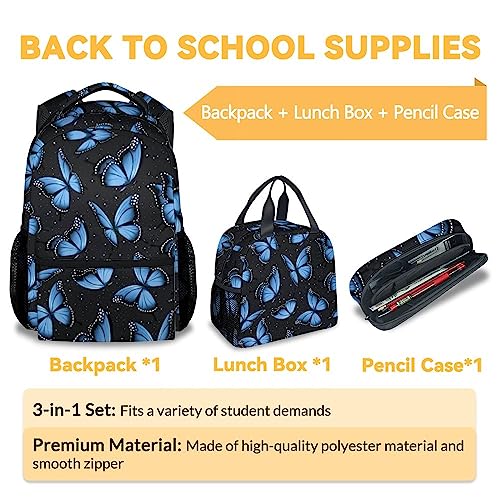 Butterfly Backpack with Lunch Box and Pencil Case Set, 3 in 1 Matching for Girls Blue Backpacks Combo, Aesthetic Bookbag and Pencil Case Bundle