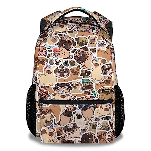 NICEFORNICE Pug Dog Backpacks Kids, 16 Inch Cute Backpack for School, Brown Lightweight Bookbag for Boys