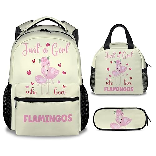 KNOWPHST Flamingo Backpack with Lunch Box Set for Girls - 3 in 1 Primary Middle School Backpacks Matching Combo - Large Capacity, Durable, Lightweight, Yellow Bookbag and Pencil Case Bundle