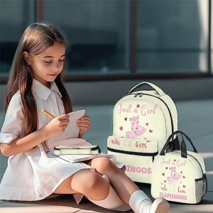 KNOWPHST Flamingo Backpack with Lunch Box Set for Girls - 3 in 1 Primary Middle School Backpacks Matching Combo - Large Capacity, Durable, Lightweight, Yellow Bookbag and Pencil Case Bundle