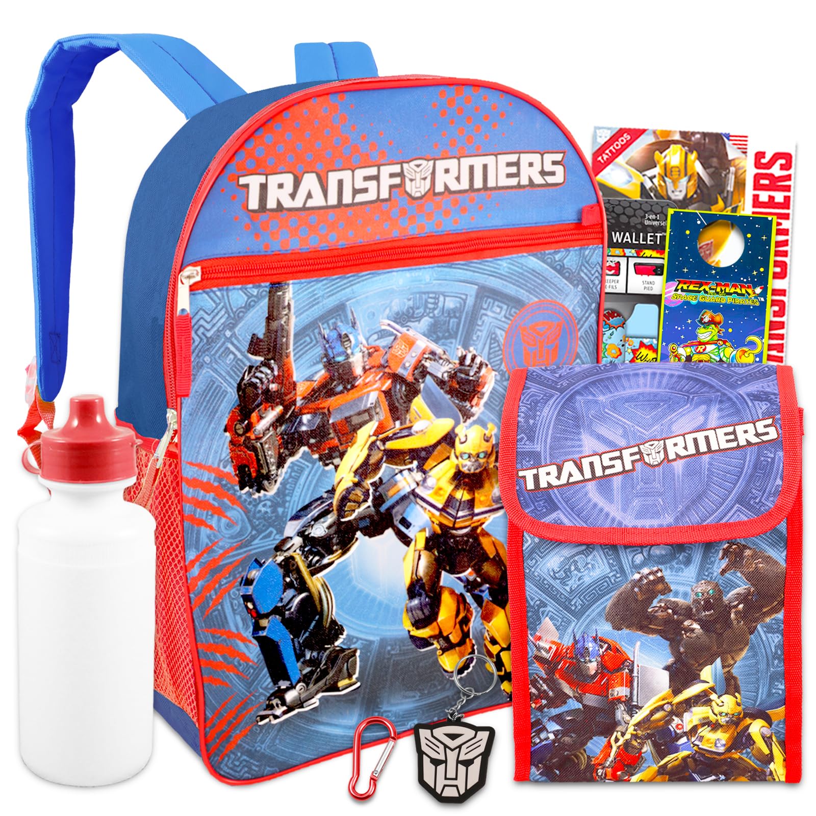 Screen Legends Transformers Backpack with Lunch Box Set - Bundle with 15” Transformers Backpack, Lunch Bag, Tattoos, Phone Wallet, More | Transformers Backpack for Boys