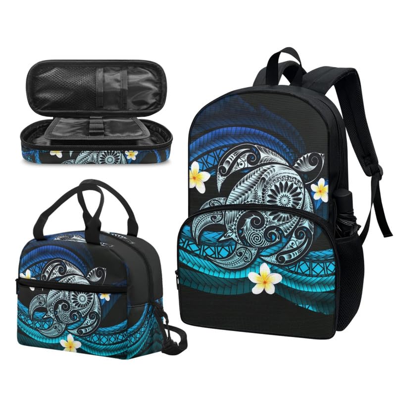 Rivatimrio Plumeria Turquoise Turtle School Backpack Elementary School Bohemia Tribal Ethnic Rucksack With Blue Aztec Tortoise Lunch Bag Pencil Case Set Boys Girls