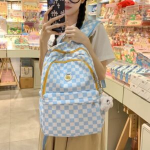 MININAI Cute Checkered Backpack Fit 15.6 Inch Laptop Checkerboard Light Academia Aesthetic Kawaii Preppy Y2k Backpack (Blue,One Size)