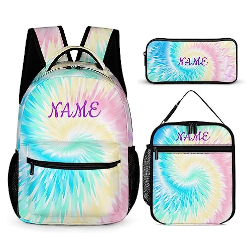 Mrokouay Custom School Backpack with Lunch Bag Pencil Case Colorful Tie Dye Personalized 3 in 1 Bookbags Set Customization Backpack for Girls Boys