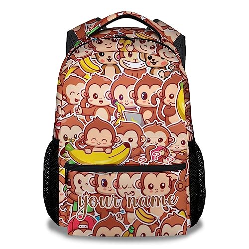 MEETUHONEY Custom Monkey Backpack for Girls Boys, 16" Cute School Bookbag, Cartoon Large Capacity Laptop Bag for Kids Students