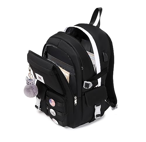 Teecho Girl Backpack for School Cute Backpack for Women College Bookbag Fit for 15.6 Inches Laptop Black