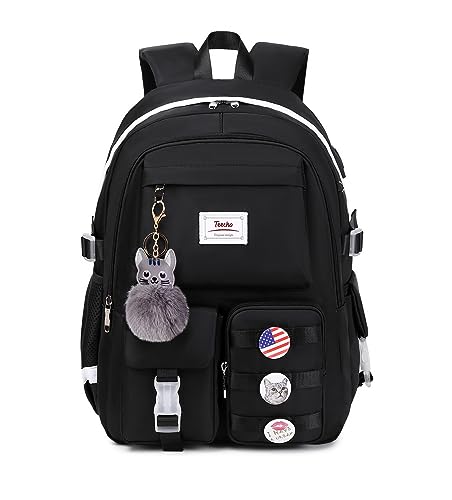 Teecho Girl Backpack for School Cute Backpack for Women College Bookbag Fit for 15.6 Inches Laptop Black