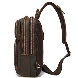 LANNSYNE Full Grain Leather Sling Bag For Men Crossbody Chest Daypack fits 12.9" iPad