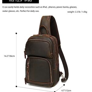 LANNSYNE Full Grain Leather Sling Bag For Men Crossbody Chest Daypack fits 12.9" iPad