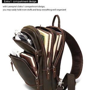 LANNSYNE Full Grain Leather Sling Bag For Men Crossbody Chest Daypack fits 12.9" iPad