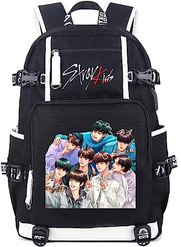 JUSTGOGO KPOP Stray Kids Backpack HYUNJIN Felix School Bag Daypack Laptop Bag with USB Charging Port 5