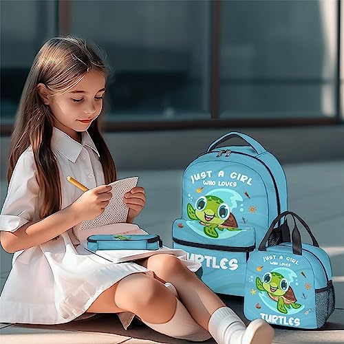 KAXVZER Sea Turtle Girls Backpack with Lunch Box Set - 3 in 1 School Backpacks Matching Combo - Cute Blue Bookbag and Pencil Case Bundle