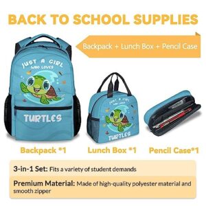 KAXVZER Sea Turtle Girls Backpack with Lunch Box Set - 3 in 1 School Backpacks Matching Combo - Cute Blue Bookbag and Pencil Case Bundle