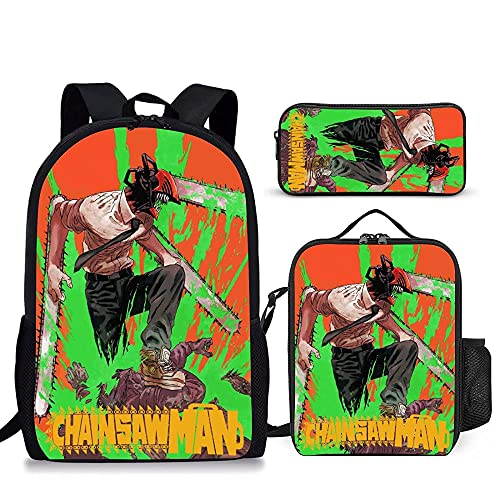 Mvrlomrz Anime Chainsaw Man Backpack Lunch Bag Pencil Bag 3-Pieces Set, Large Capacity, Ideal Gift for Boys And Girls, Suitable for Travel, Office, Picnic