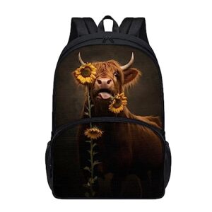 drydeepin cute highland cow sunflower print children school bag casual daypack lightweight school backpack for teens boys girls middle school primary school student bookbag travel rucksack