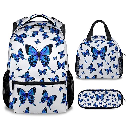 XaocNyx Butterfly Backpack with Lunch Box and Pencil Case Set, 3 in 1 Matching Girls Boys White Backpacks Combo, Fashion Bookbag and Pencil Case Bundle