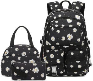 classic diamond daisy backpack for school backpack for girls backpack with lunch box bookbag set kids backpacks for teen girls (black)