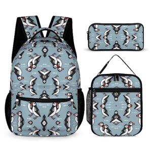 menriaov funny puffin pattern backpack 3 piece set bookbags lunch bags tote bag pencil bag set 3 in 1