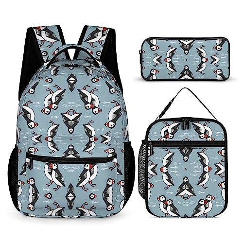 MENRIAOV Funny Puffin Pattern Backpack 3 Piece Set BookBags Lunch Bags Tote Bag Pencil Bag Set 3 in 1