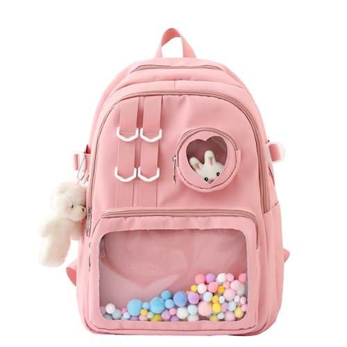 Kawaii Backpack with Cute Accessories Large Capacity Spring Summer Rucksack for Women Aesthetic Trendy Casual Daypack (Pink)