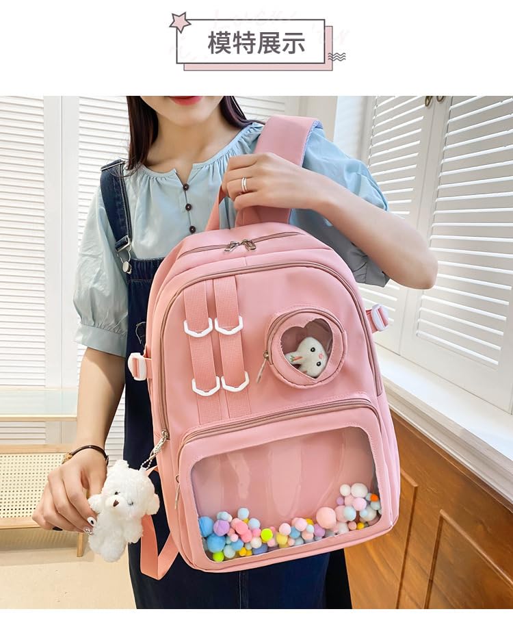 Kawaii Backpack with Cute Accessories Large Capacity Spring Summer Rucksack for Women Aesthetic Trendy Casual Daypack (Pink)