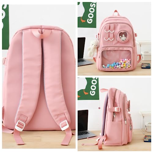 Kawaii Backpack with Cute Accessories Large Capacity Spring Summer Rucksack for Women Aesthetic Trendy Casual Daypack (Pink)