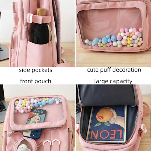 Kawaii Backpack with Cute Accessories Large Capacity Spring Summer Rucksack for Women Aesthetic Trendy Casual Daypack (Pink)