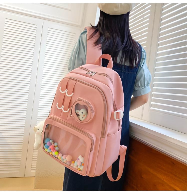 Kawaii Backpack with Cute Accessories Large Capacity Spring Summer Rucksack for Women Aesthetic Trendy Casual Daypack (Pink)