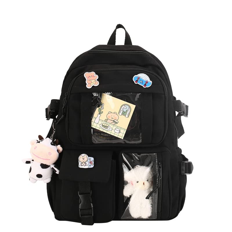 Romlvy Kawaii Backpack with Cute Accessories Aesthetic Multi Pockets Large Capacity Outdoor Backpack Daypack Laptop Backpack (Black)