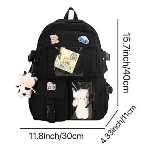 Romlvy Kawaii Backpack with Cute Accessories Aesthetic Multi Pockets Large Capacity Outdoor Backpack Daypack Laptop Backpack (Black)