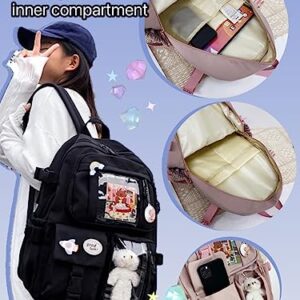 Romlvy Kawaii Backpack with Cute Accessories Aesthetic Multi Pockets Large Capacity Outdoor Backpack Daypack Laptop Backpack (Black)