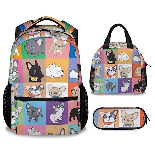 CUSPCOD French Bulldog Backpack with Lunch Box And Pencil Case for Girls Boys, 16 Inch School Bookbag with Adjustable Straps, Travel Bag Durable, Lightweight, Large Capacity