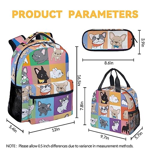 CUSPCOD French Bulldog Backpack with Lunch Box And Pencil Case for Girls Boys, 16 Inch School Bookbag with Adjustable Straps, Travel Bag Durable, Lightweight, Large Capacity