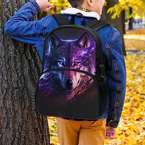 DMOYALA Galaxy Wolf Backpack for Boys Men with Laptop Compartment Back to School Supplies Purse Gifts for Wolf Lovers Tiny Casual Daypack Canvas Lightweight