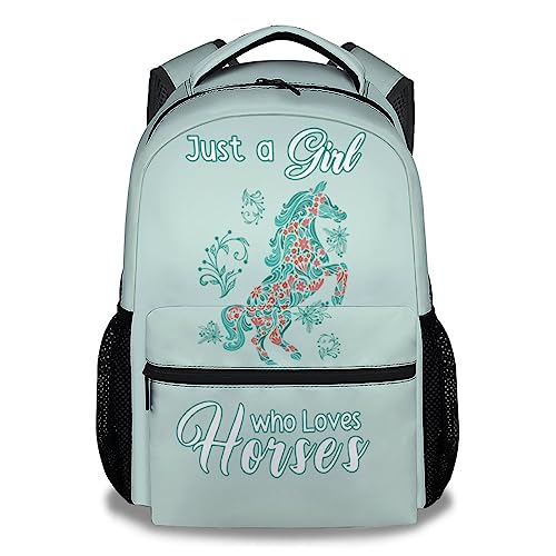 Mercuryelf Horse Backpack for Girls, 16 Inch Mint Green Backpacks for School, Fashion Just a Girl Who Loves Horses Bookbag for Kids