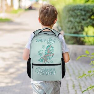 Mercuryelf Horse Backpack for Girls, 16 Inch Mint Green Backpacks for School, Fashion Just a Girl Who Loves Horses Bookbag for Kids