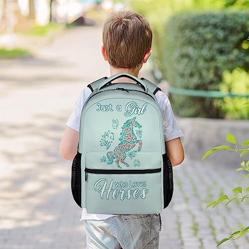 Mercuryelf Horse Backpack for Girls, 16 Inch Mint Green Backpacks for School, Fashion Just a Girl Who Loves Horses Bookbag for Kids