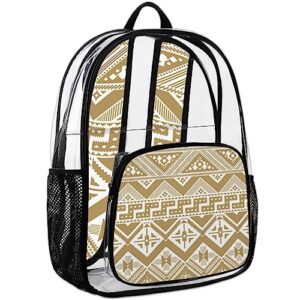 Aztec Heavy Duty Clear Backpack Stadium Approved, American Native Ethnic Geometric Western Boho PVC Transparent Large Backpack See Through for Women Men Work Travel