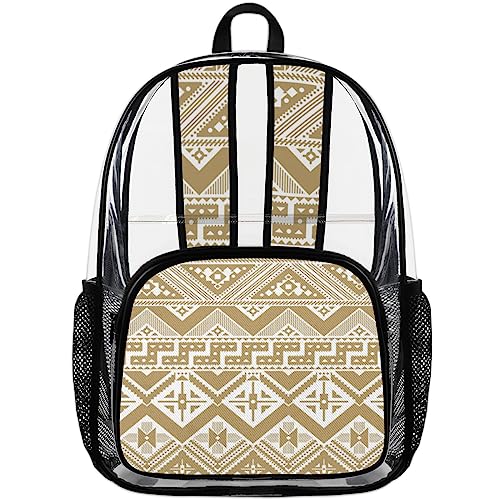 Aztec Heavy Duty Clear Backpack Stadium Approved, American Native Ethnic Geometric Western Boho PVC Transparent Large Backpack See Through for Women Men Work Travel