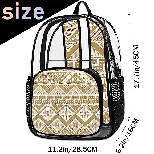 Aztec Heavy Duty Clear Backpack Stadium Approved, American Native Ethnic Geometric Western Boho PVC Transparent Large Backpack See Through for Women Men Work Travel