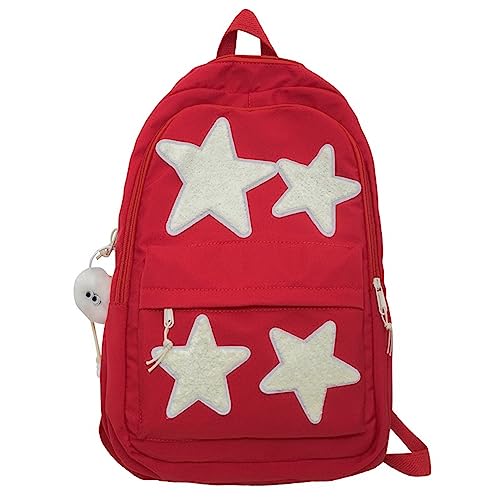 JHTPSLR Preppy Backpack Y2K Aesthetic Backpack Fluffy Stars Patchwork Aesthetic Backpack Cute Y2K Book Bags Backpack Supplies (Red)