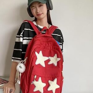 JHTPSLR Preppy Backpack Y2K Aesthetic Backpack Fluffy Stars Patchwork Aesthetic Backpack Cute Y2K Book Bags Backpack Supplies (Red)