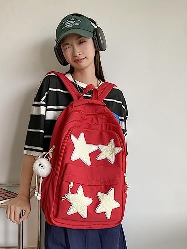 JHTPSLR Preppy Backpack Y2K Aesthetic Backpack Fluffy Stars Patchwork Aesthetic Backpack Cute Y2K Book Bags Backpack Supplies (Red)