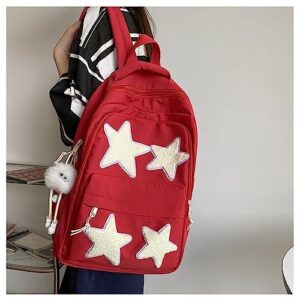 JHTPSLR Preppy Backpack Y2K Aesthetic Backpack Fluffy Stars Patchwork Aesthetic Backpack Cute Y2K Book Bags Backpack Supplies (Red)